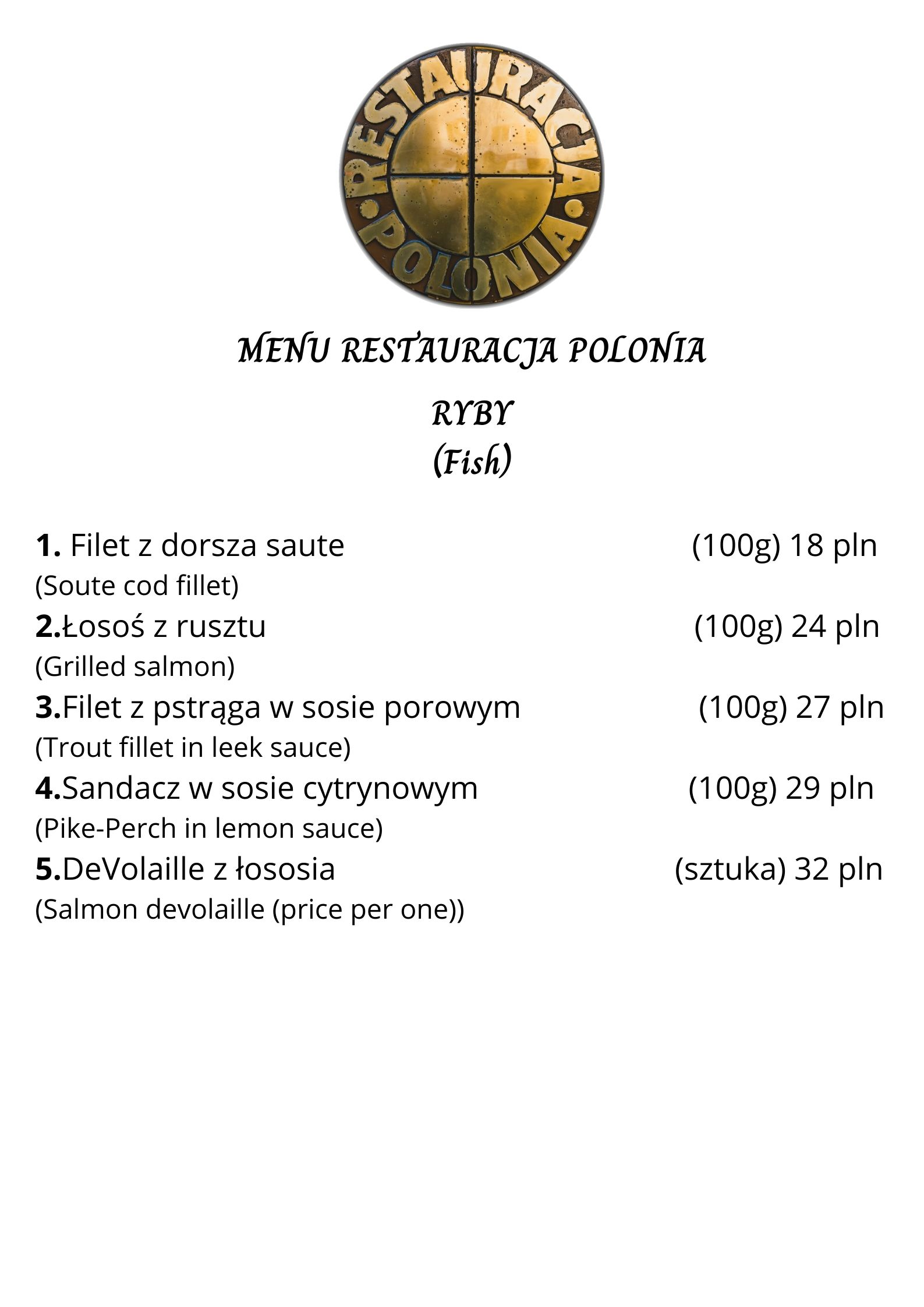 Nasze menu - Restauracja POLONIA